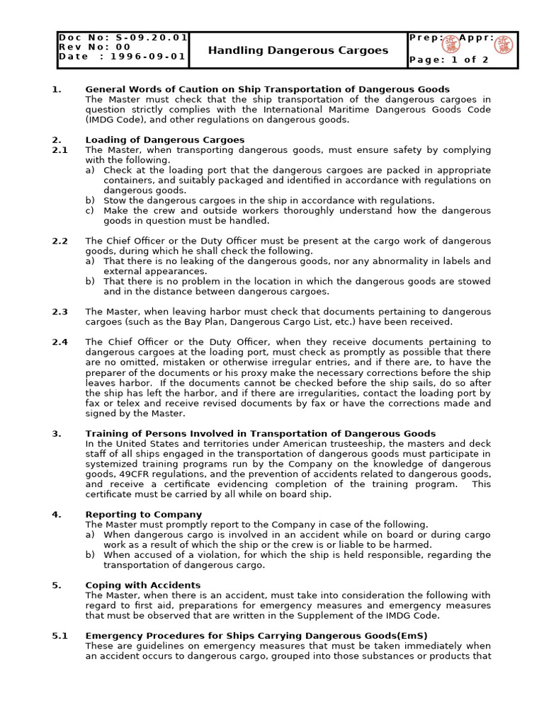 S-092001 Handling Dangerous Cargoes | PDF | Dangerous Goods | Shipping