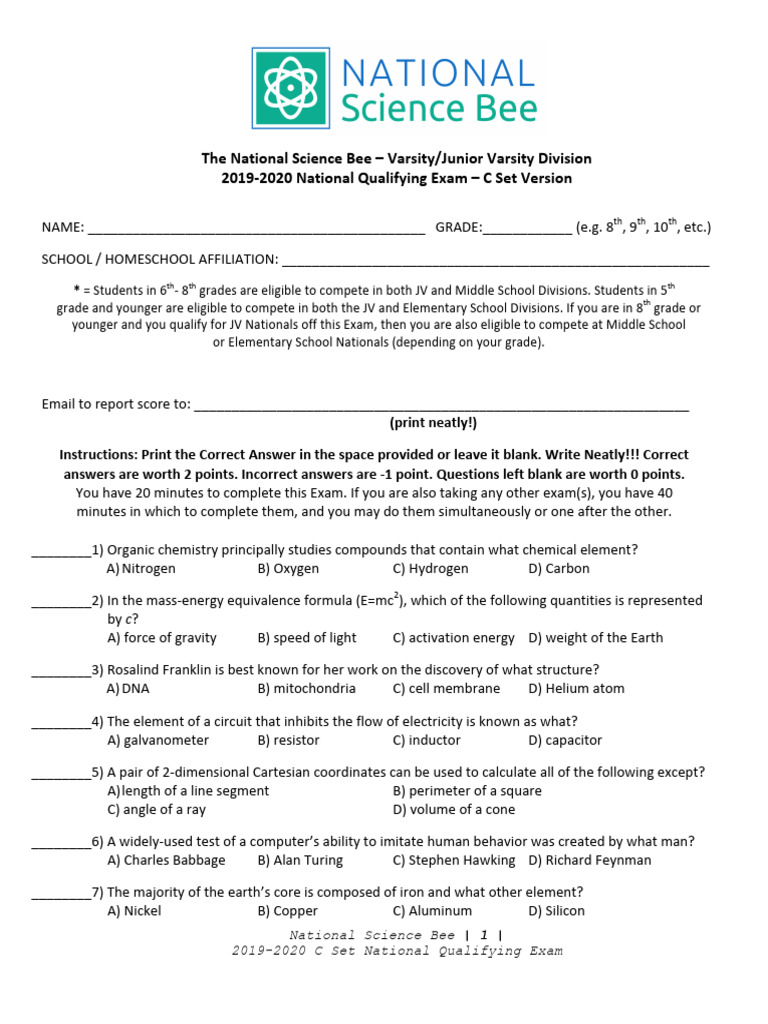 2019 2020 Science Bee NQE C Set | PDF | Force | Chemical Elements
