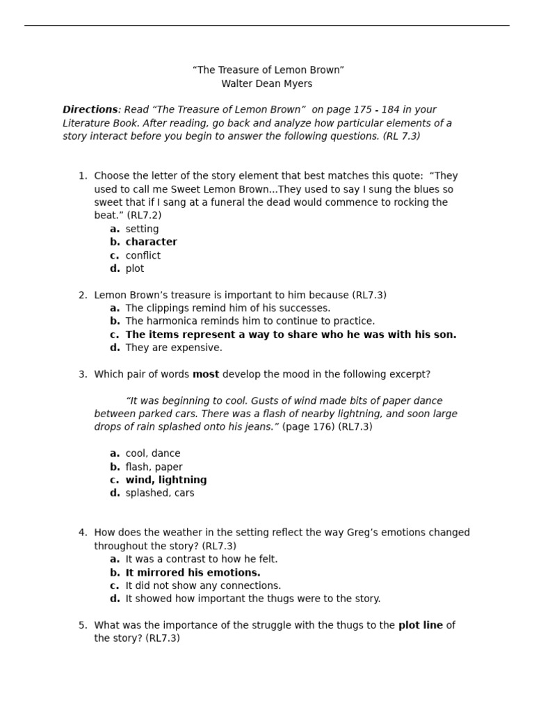 Analysis Questions for "The Treasure of Lemon Brown" | PDF