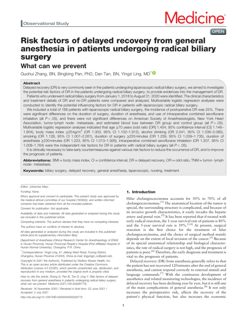 Risk Factors of Delayed Recovery From General Anes | PDF | Anesthesia ...