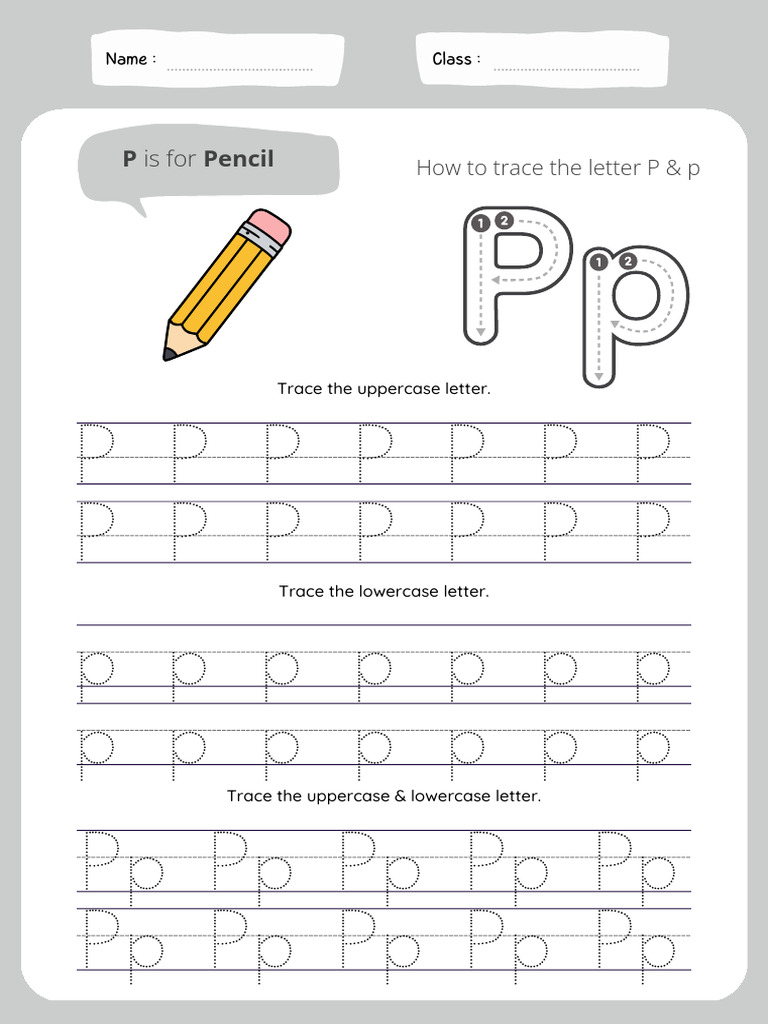Tracing Letter P For Panda Worksheet in Gray Illustrative Style | PDF