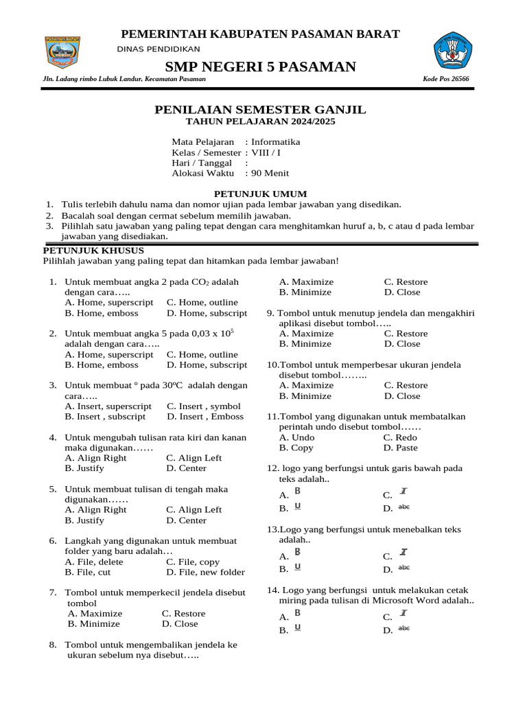 soal tik 8 semester 1 | PDF