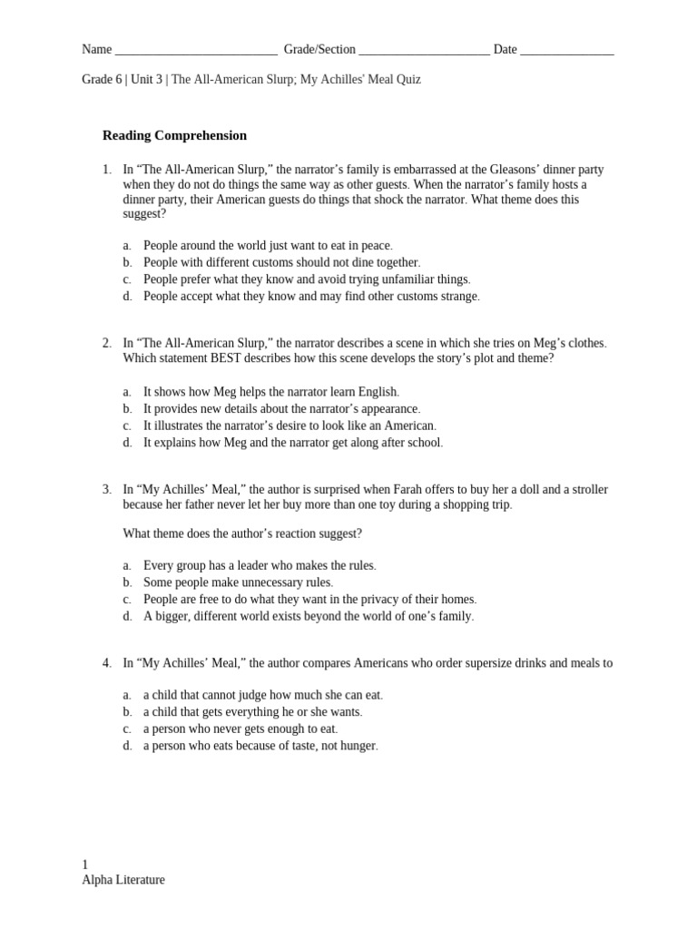Grade 6 Quiz: All-American Slurp & Meals | PDF