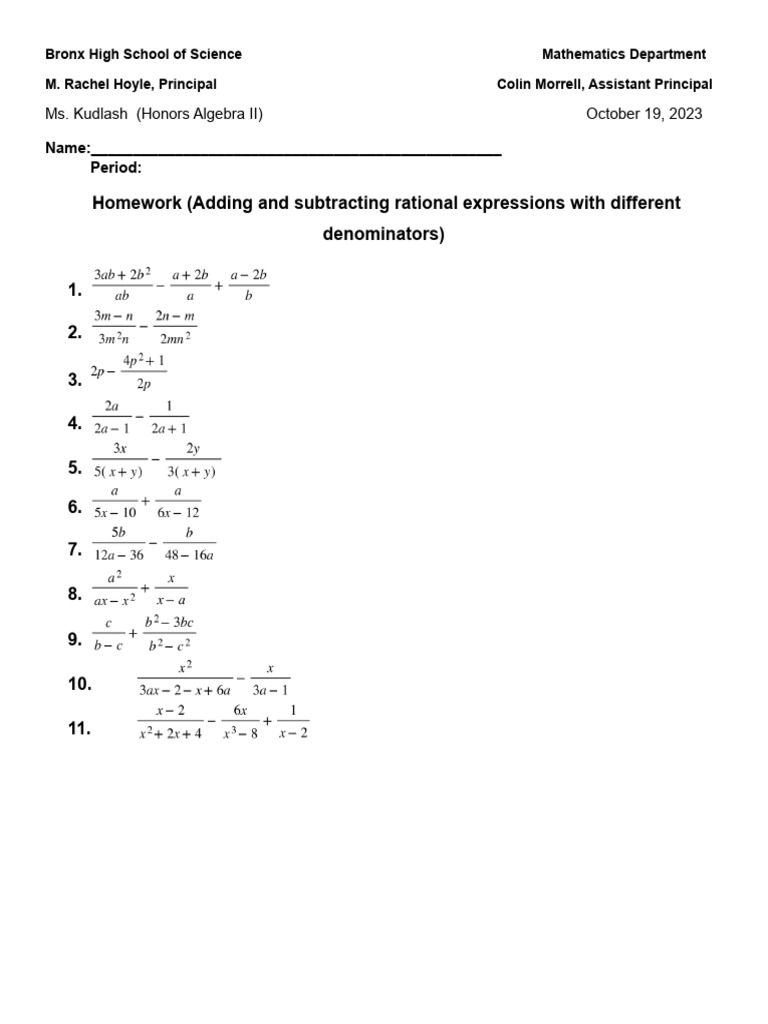 HW (Adding and Subtracting Rational Expressions With Different ...