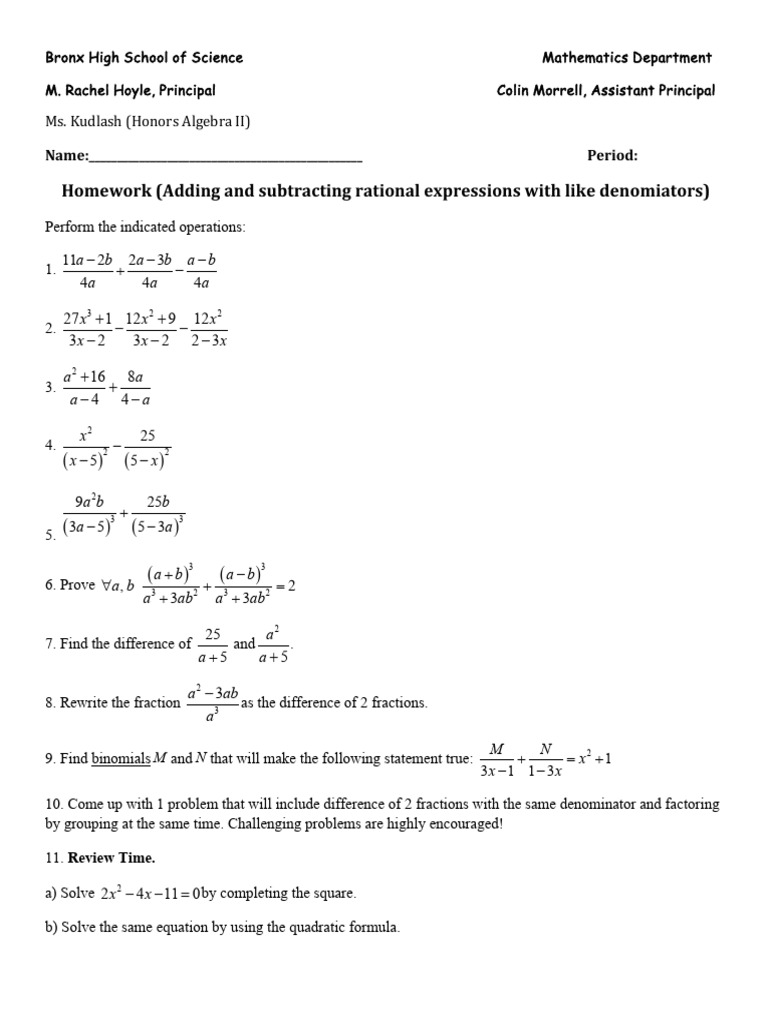 Honors HW (Adding Rational Expressions With The Same Denominator) | PDF