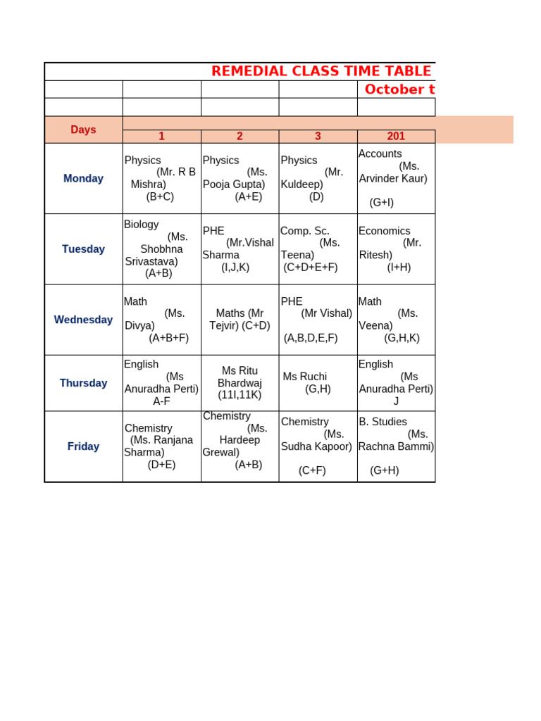 Remedial Class Timetable Class 11 2025-26-1 | PDF