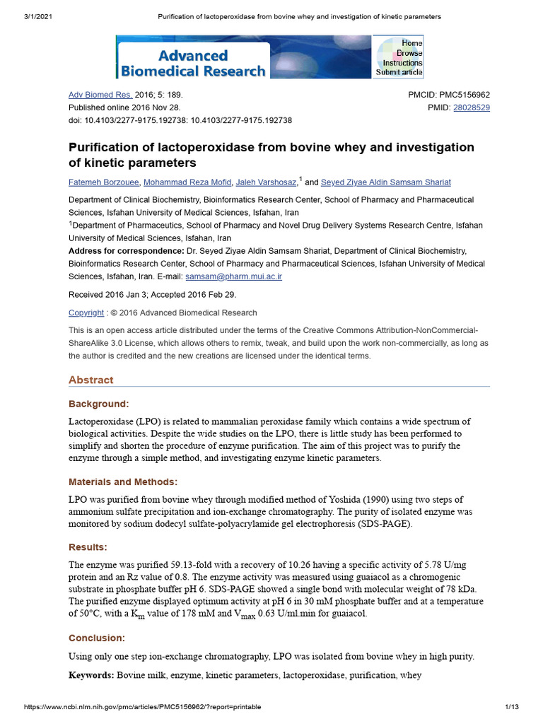 Purification of Lactoperoxidase From Bovine Whey and Investigation of ...