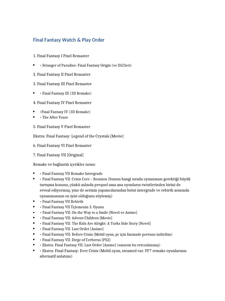 Final Fantasy Watch and Play Order | PDF