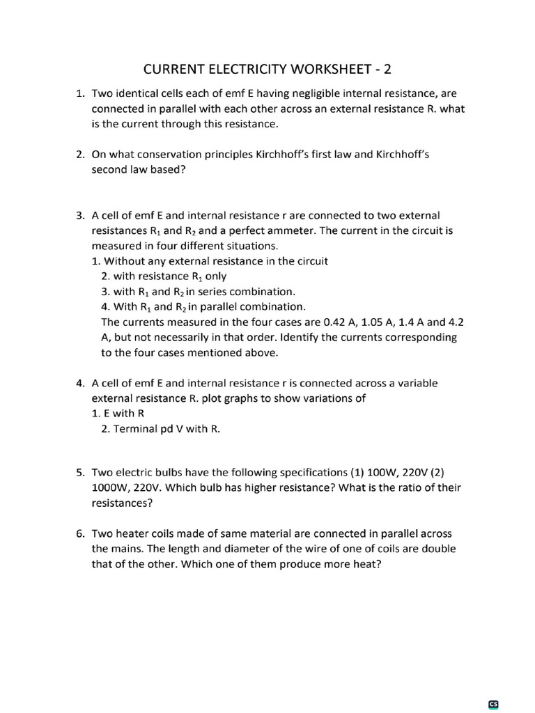 Current Electricity Worksheet 2 | PDF