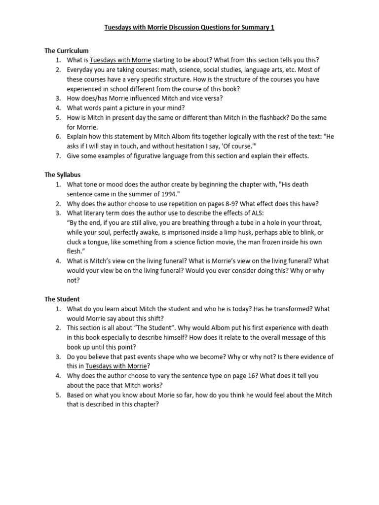 Tuesdays With Morrie Discussion Questions For Summary 1 | PDF