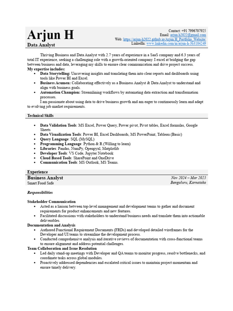 Resume - Arjun - H Business & Data Analyst - 2-1 | PDF | Data | Data ...