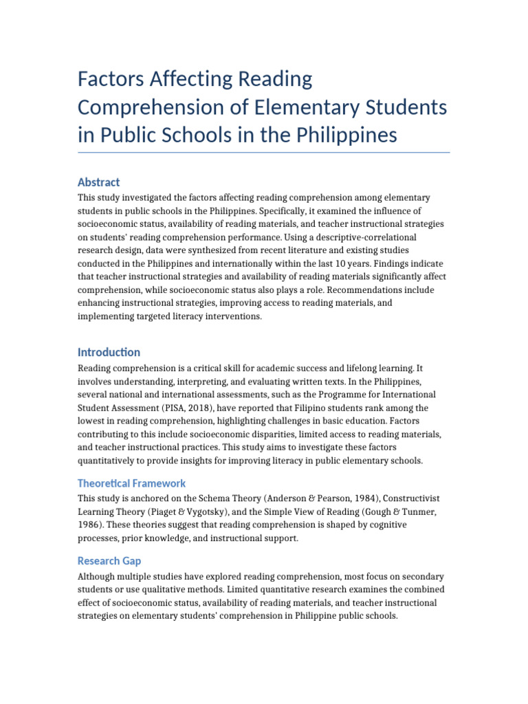 Factors Influencing Reading Comprehension in Philippine Elementary ...
