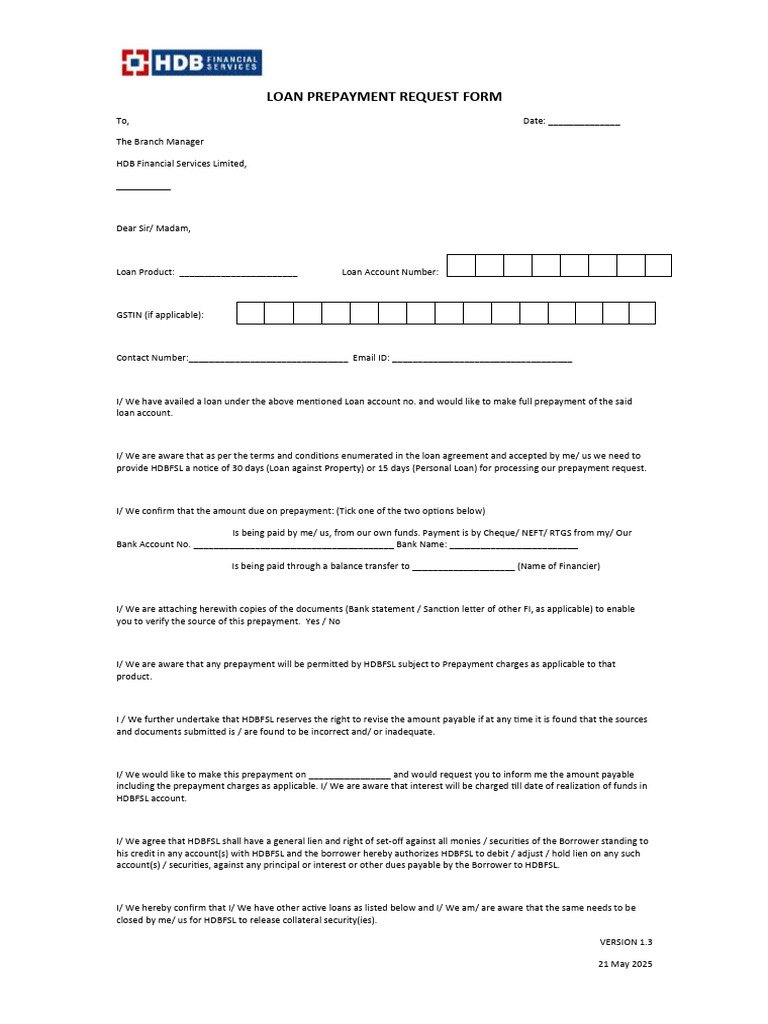 Loan Prepayment Request Form | PDF | Loans | Banks