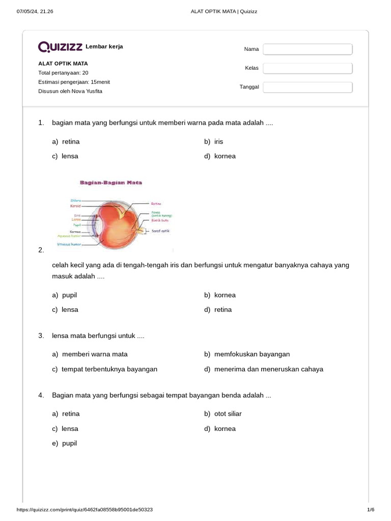 Alat Optik Mata - Quizizz | PDF