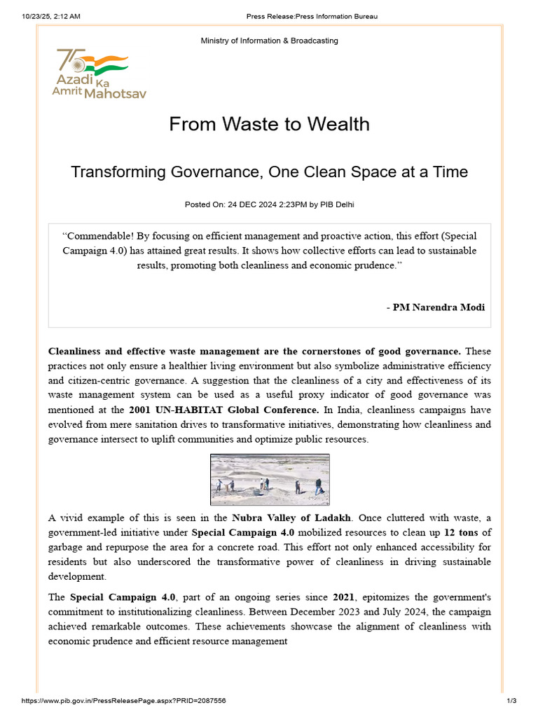 Press Release - Press Information Bureau W2W | PDF | Waste Management ...