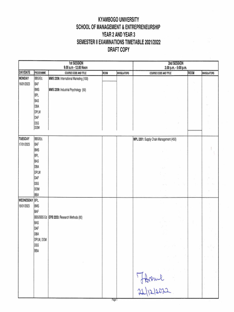 School of Management Drat Timetable Sem II 2021 2022 | PDF