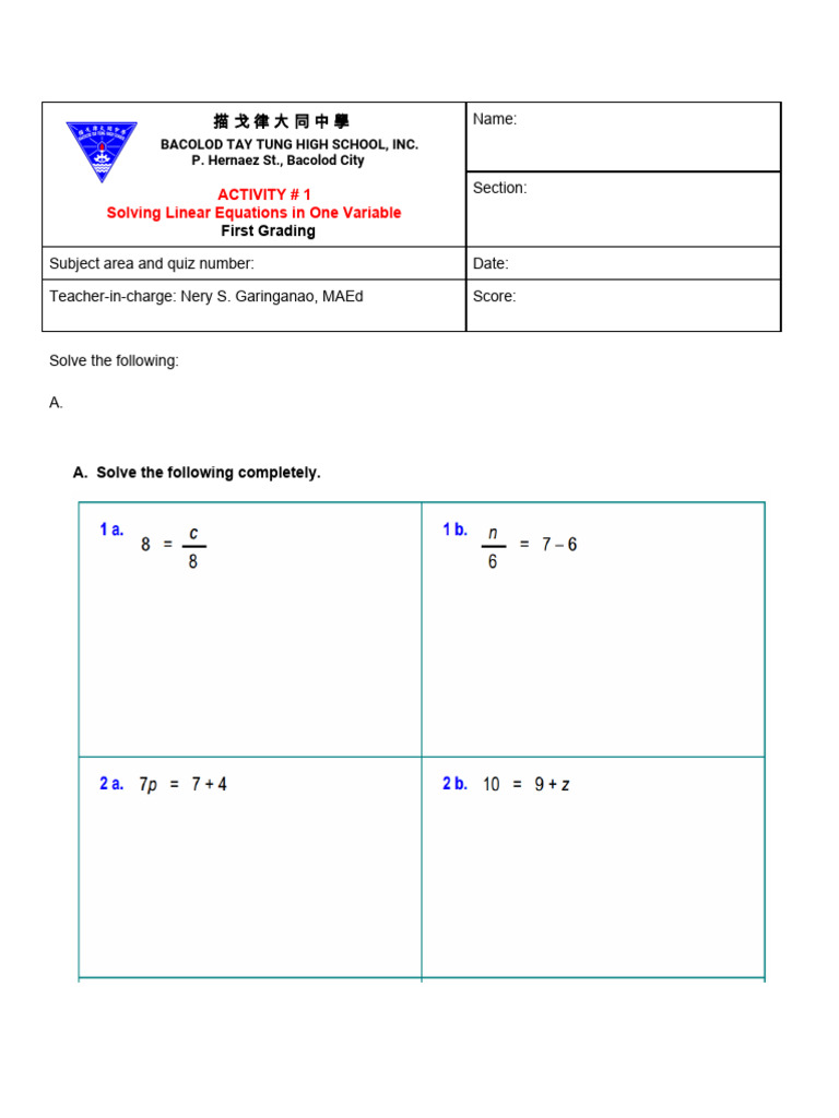 Linear Equations Activity for Students | PDF