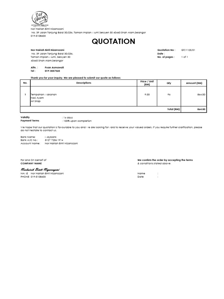 Food Quotation for Nasi Ayam Orders | PDF