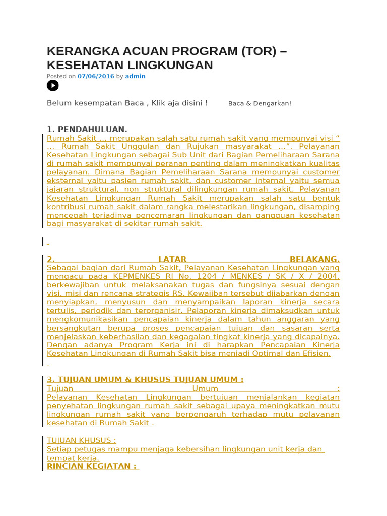 Kerangka Acuan Program Kesehatan Lingkungan | PDF