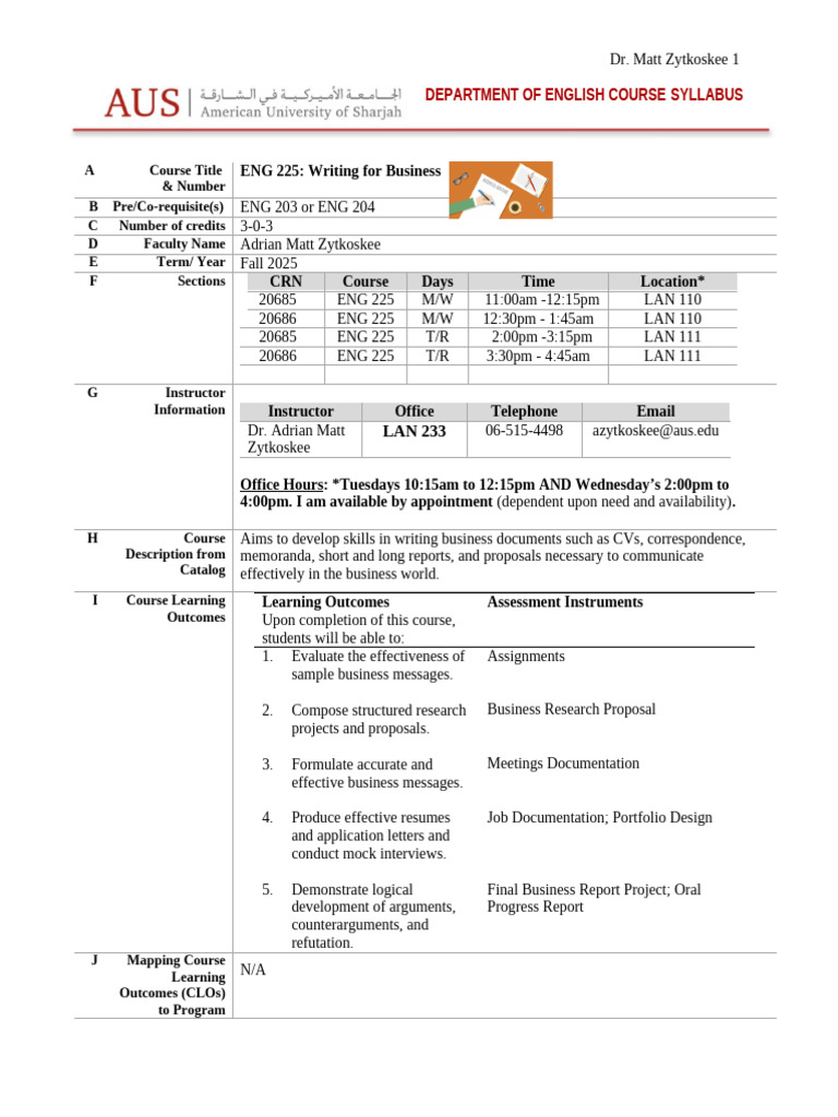ENG 225: Business Writing Syllabus | PDF | Academic Integrity | Learning