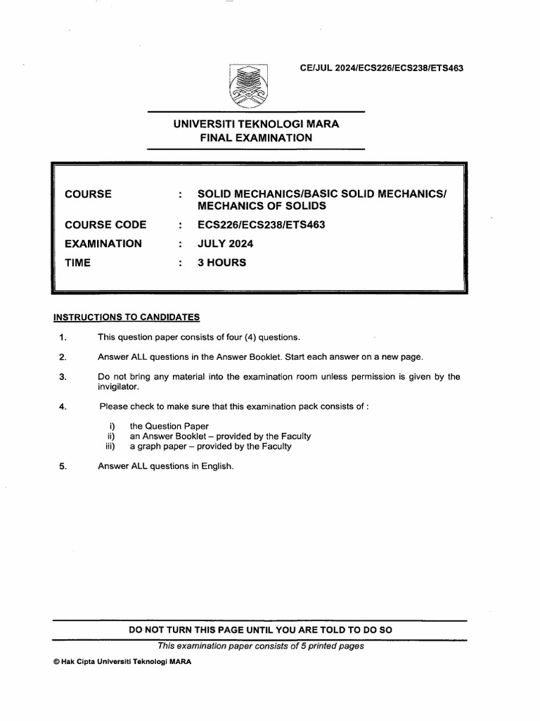 July 2024 Solid Mechanics Exam Paper | PDF | Beam (Structure) | Bending
