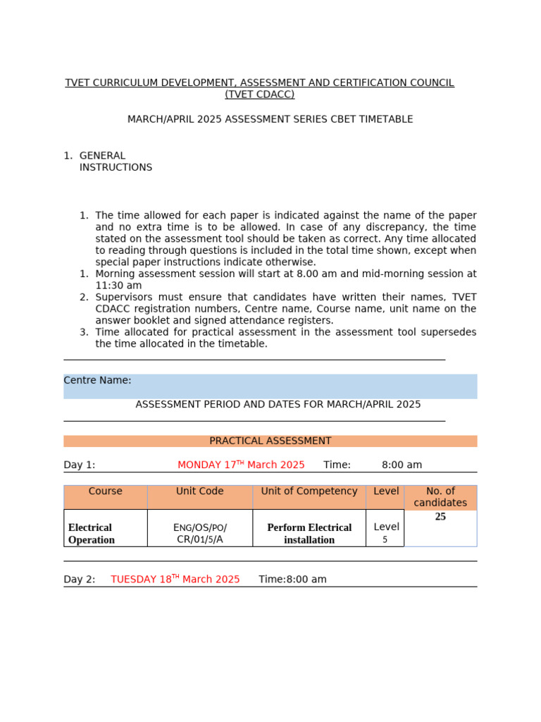 TVET March/April 2025 Assessment Timetable | PDF