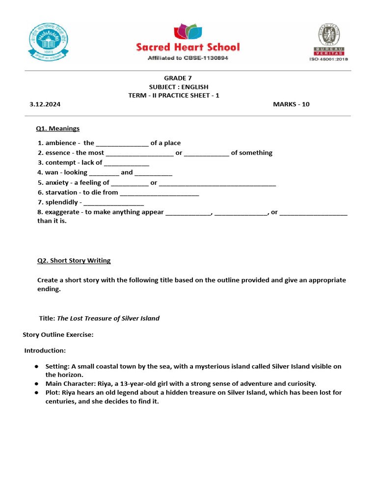 Grade 7 English Practice Sheet 1 | PDF