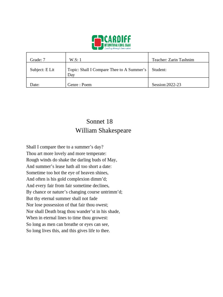 Grade - 7-Shall I Compare Thee | PDF | Literary Criticism | Sonnets