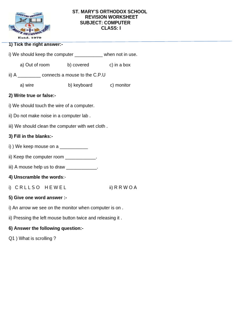 Revision Worksheet Comp. Second Unit Test | PDF
