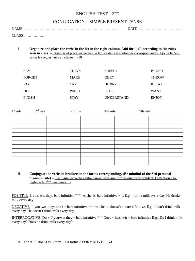 English Test - 3ème (Grammar PS) | PDF | Grammatical Conjugation ...