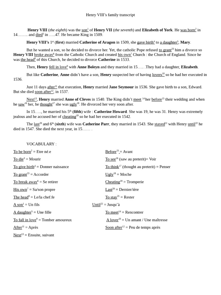 Henry VIII's Family - OC Transcript With Vocabulary | PDF | Tudor ...