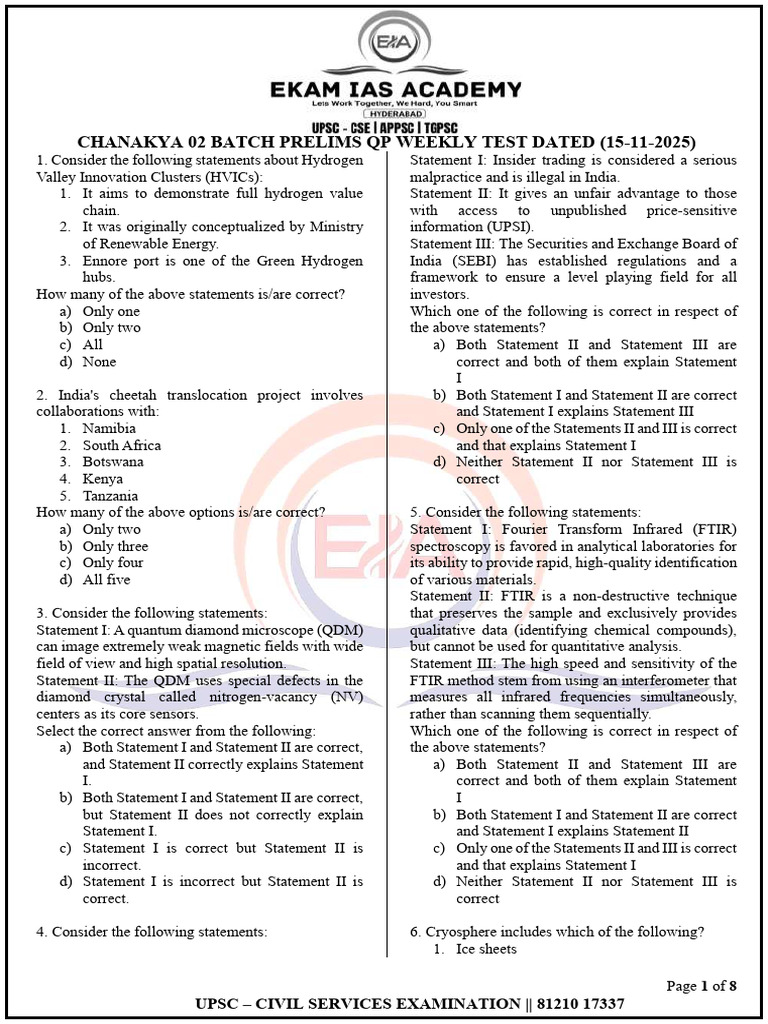 Chanakya 02 Batch Prelims and Mains QP Weekly Test Dated 15-11-2025 | PDF