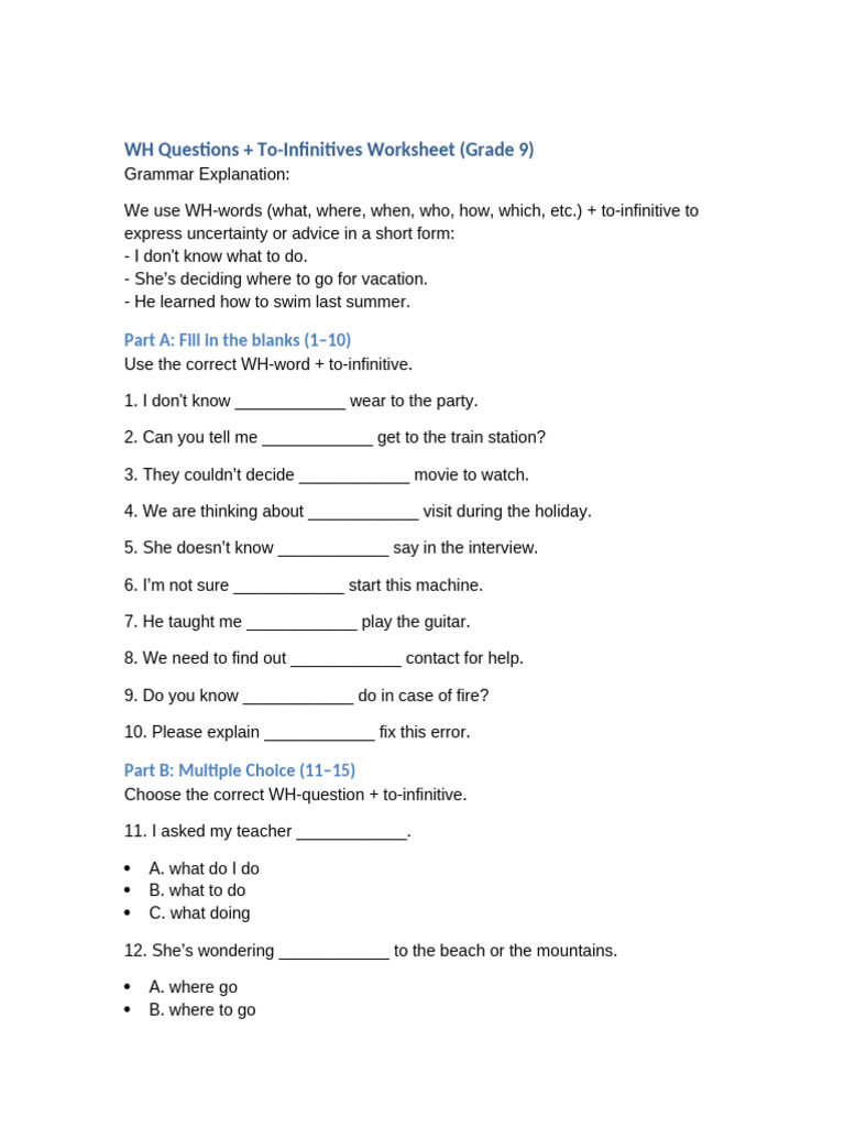 WH Questions and To-Infinitives Worksheet | PDF