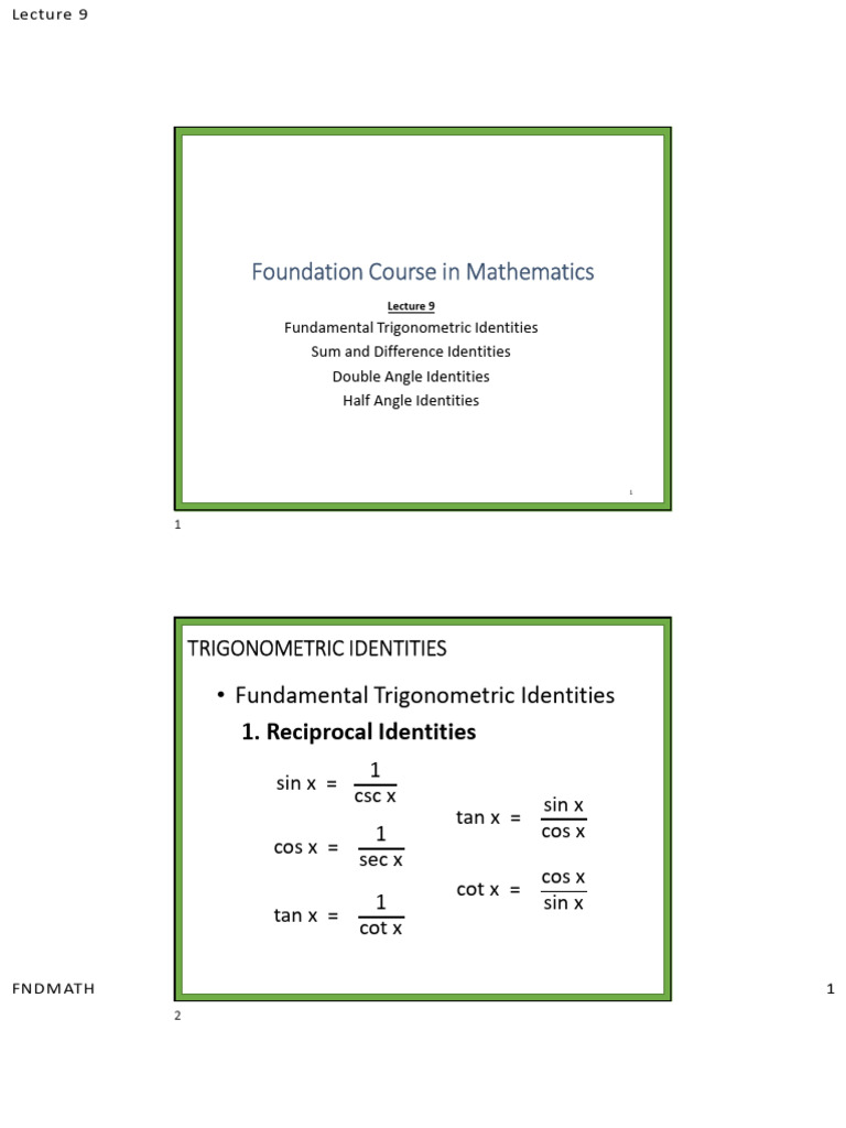 FNDMATH Module 10 Handout Trigonometric Identities | PDF | Trigonometric Functions | Trigonometry