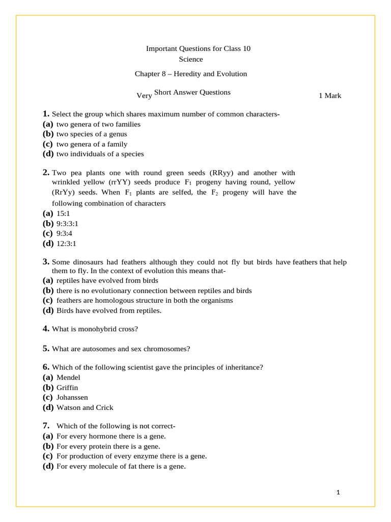 Heredity Questions Class 10 Science-1marks | PDF | Heredity | Evolution