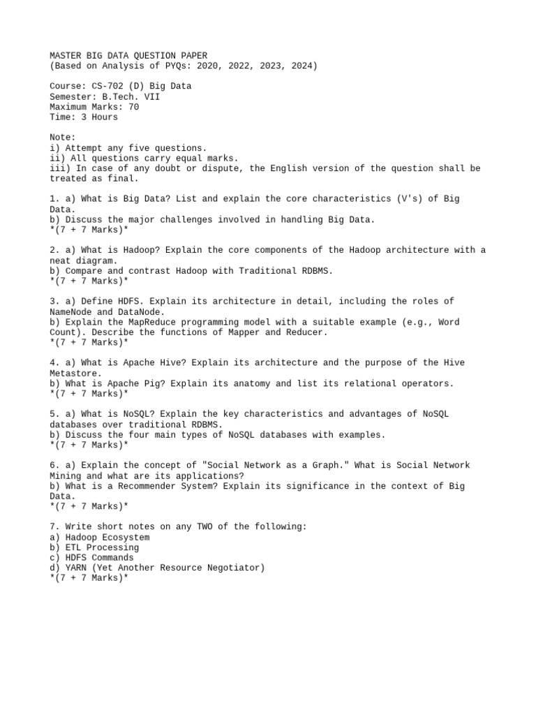 Big Data Exam Questions & Analysis Guide | PDF