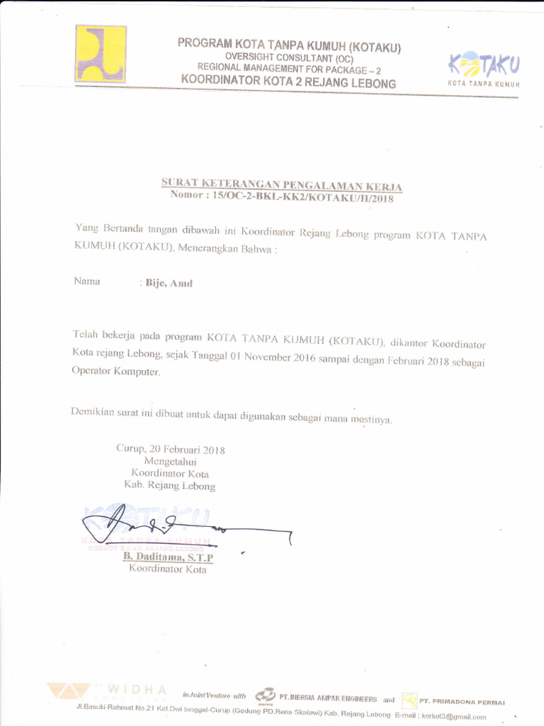 Surat Pengalaman Kerja Kotaku | PDF