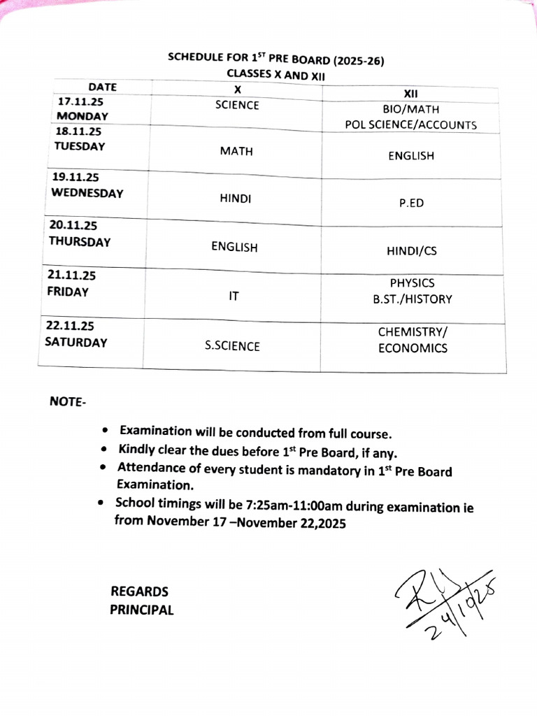 Schedule For 1st Pre Board (Classes X and XII) | PDF
