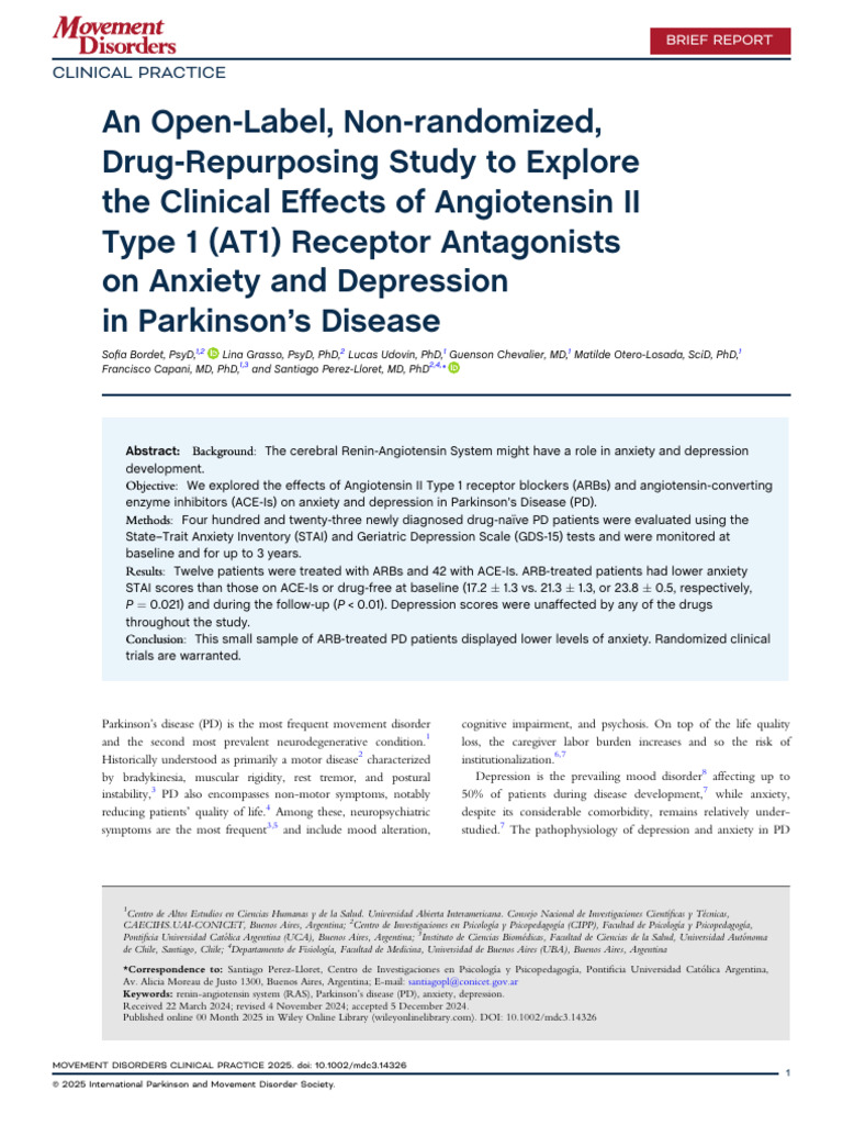 AT1 Receptor Antagonists Parkinson's Disease | PDF