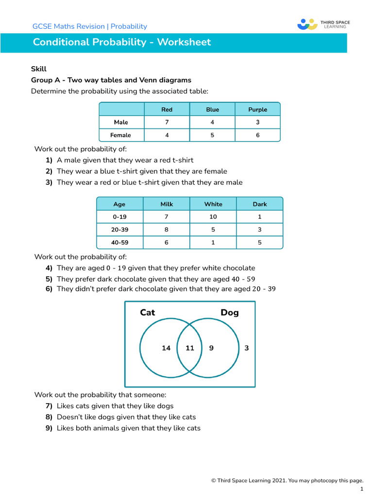 Third Space Learning Conditional Probability GCSE Worksheet | PDF