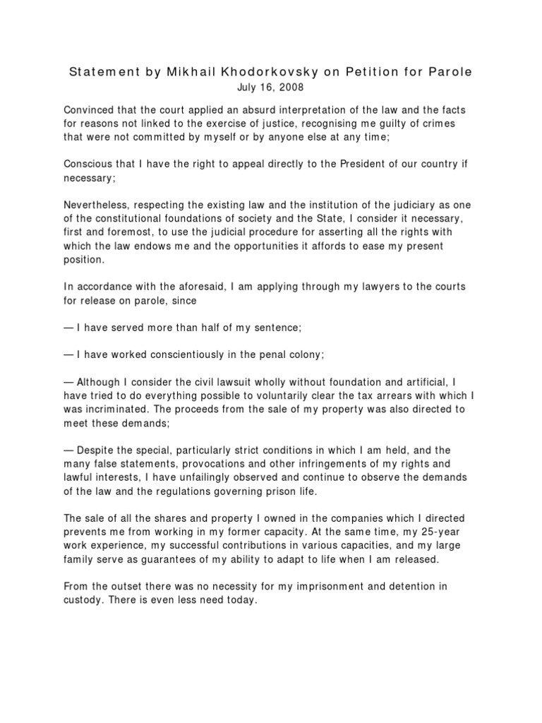 Petition For Parole Statement | PDF | Social Science