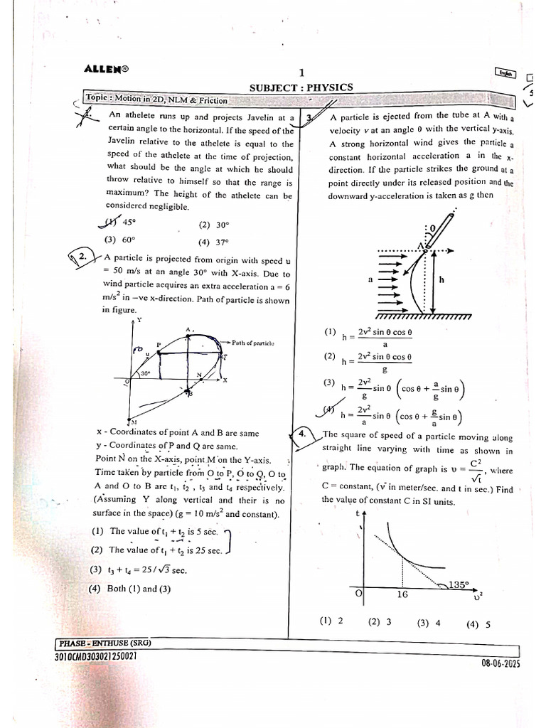Physics Motion in 2D, NLM & Friction Allen Enthuse | PDF