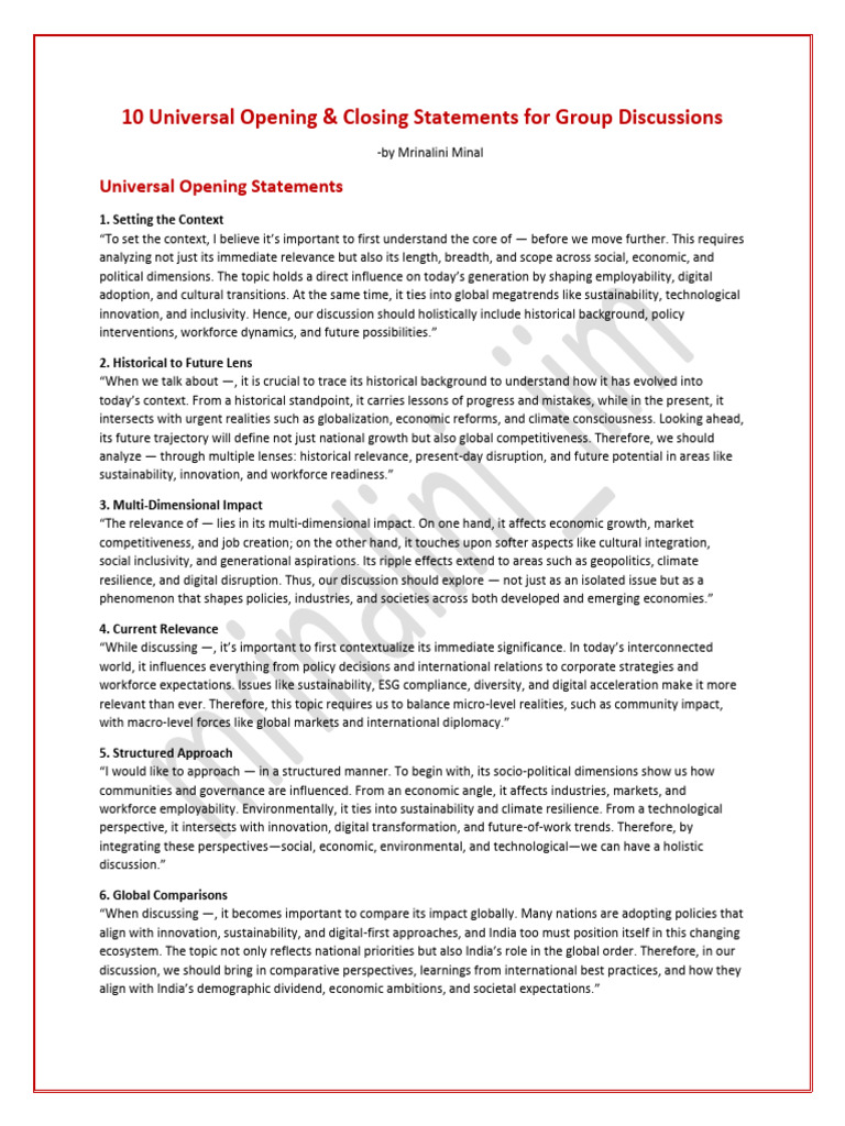 Group Discussion Opening & Closing Statements | PDF | Sustainability ...