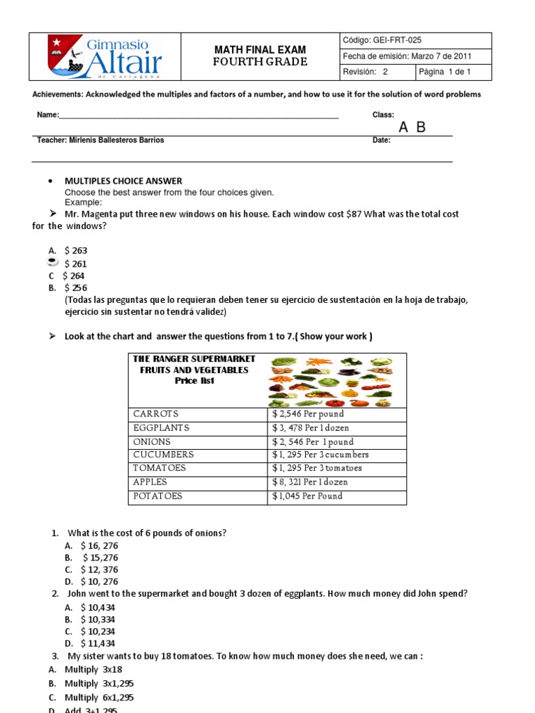 Math Final Test 4to 2do Periodo Correg | PDF | Fraction (Mathematics ...