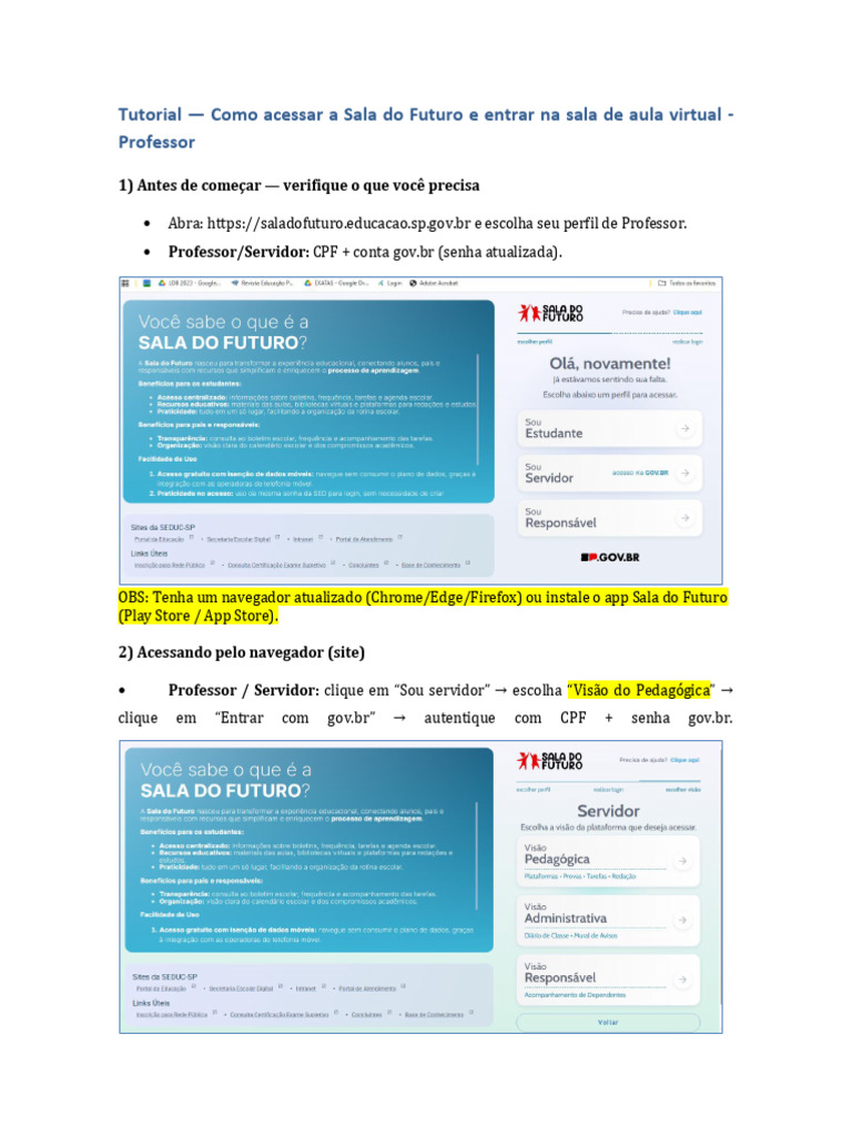 Tutorial - Como Acessar A Sala Do Futuro e Entrar Na Sala de Aula Virtual - Professor | PDF