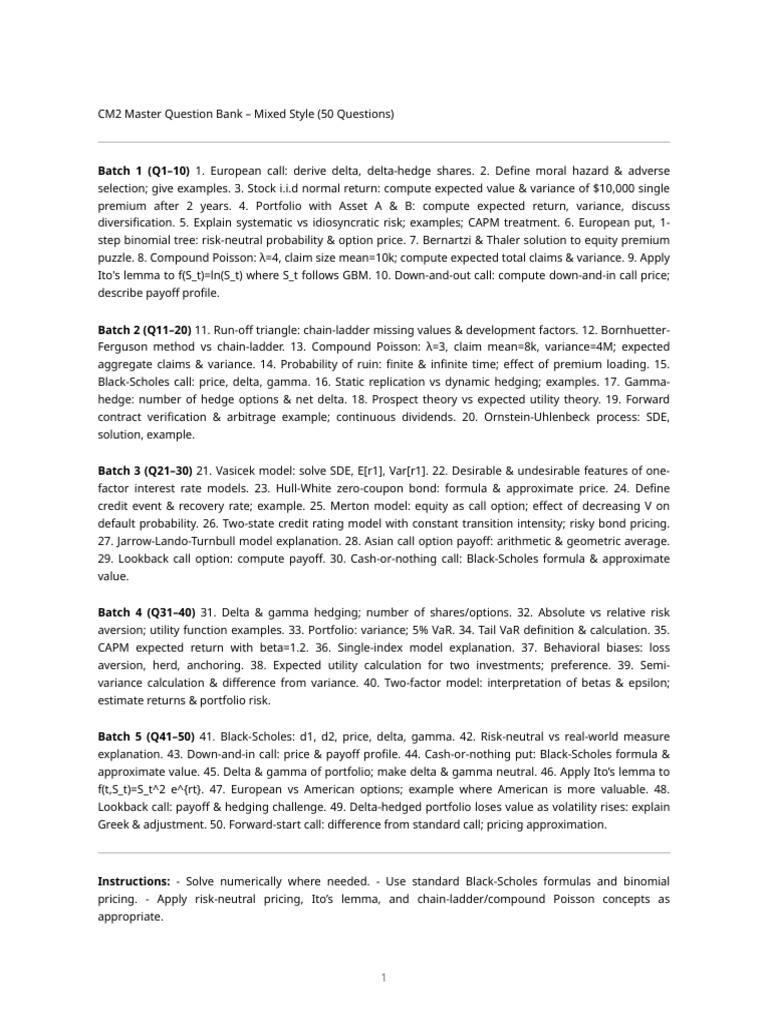 Cm2 Master Question Bank | PDF | Greeks (Finance) | Black–Scholes Model