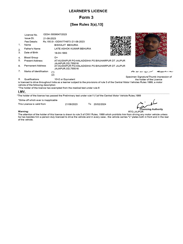 Form 3: Learner'S Licence | PDF