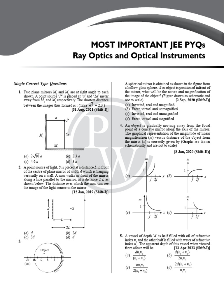 JEE Physics: Ray Optics Questions | PDF | Glass Engineering And Science ...