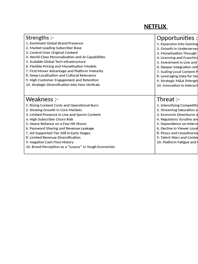 Netflix SWOT Analysis: Strengths, Weaknesses, Opportunities, Threats | PDF