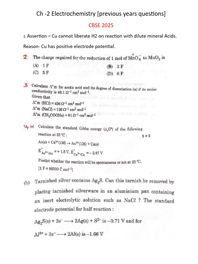 CBSE Electrochemistry Past Questions | PDF | Electrochemistry ...